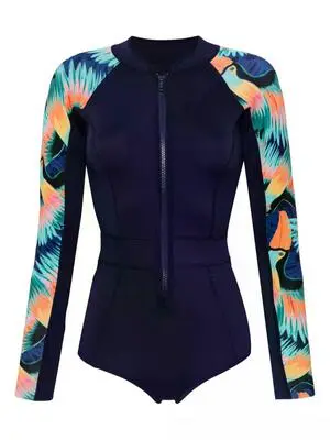DUSKII Tropical Print Long Sleeve Zip Up Swimsuit - Blue