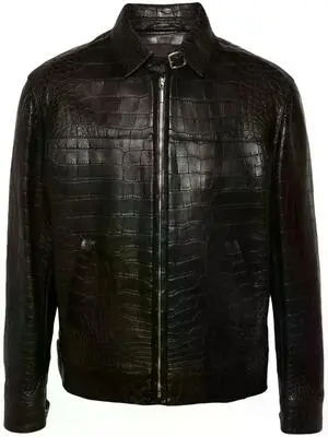 Brioni Embossed Calf Leather Jacket With Lizard-skin Effect