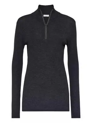Brunello Cucinelli Ribbed Knit High Neck Zip Fastening Sweater - Grey