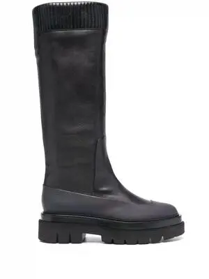Santoni Ribbed Leather Knee-high Boots - Black