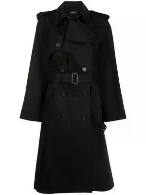 Goen.j Double-breasted Lace-paneled Trench Coat - Black