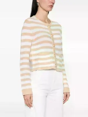 ALLUDE Striped Crew Neck Cardigan - Neutrals