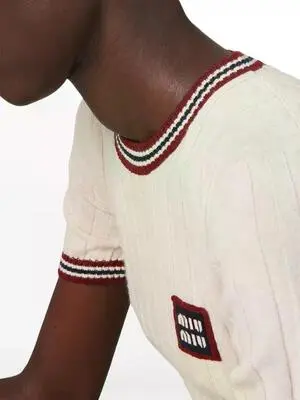 Miu Miu Ribbed Cashmere Logo Appliqué Top