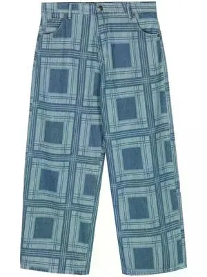 CHARLES JEFFREY Check Print Straight-leg Jeans - Blue