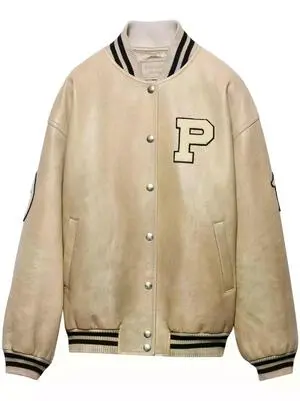Prada Logo-appliqué Leather Bomber Jacket - Neutrals