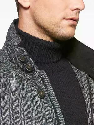 NORWEGIAN WOOL Virgin Wool-cashmere Blend Herringbone High Neck Coat - Grey