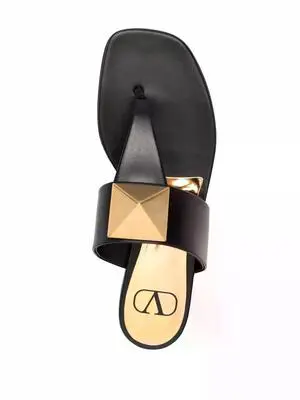 Valentino Garavani Calf Leather One Stud Flat Sandals - Black