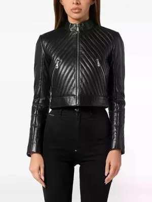Philipp Plein Leather Quilted Jacket With Stand Collar