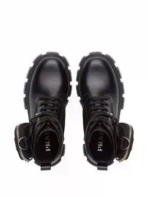 Prada Monolith Leather And Re-nylon Combat Boots With Pouch - Black