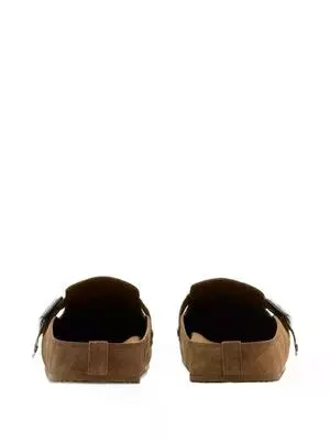 Burberry Suede Embossed Check Clogs With Buckle Strap - Brown