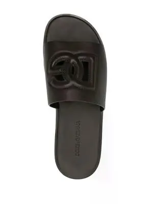Dolce & Gabbana Embossed-logo Leather Slides - Brown