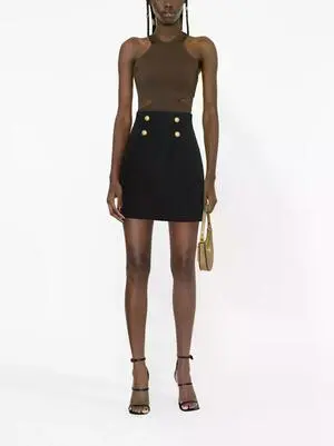 Balmain High-waisted Wool Miniskirt With Gold-tone Buttons - Black