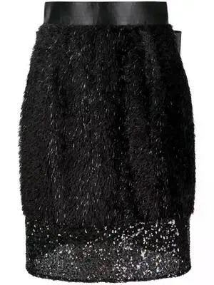 Undercover Layered Faux-fur Pencil Skirt With Sequins And Bow Detail - Black