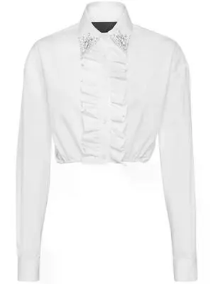 Philipp Plein Cropped Ruffled Cotton Shirt With Crystal Embellishment