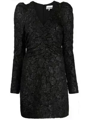 GANNI Floral Jacquard V-neck Dress - Black
