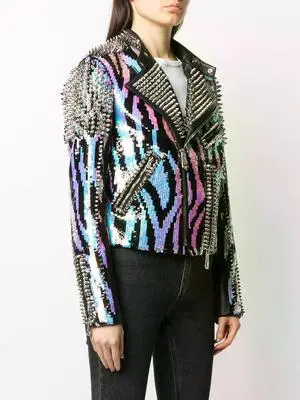 Philipp Plein Zebra Sequin Biker Jacket