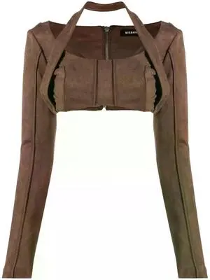MISBHV Faux-suede Halterneck Long-sleeved Cropped Top - Brown