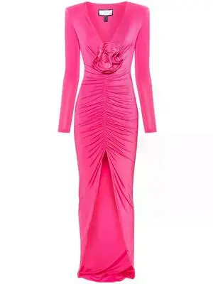 NISSA Floral Appliqué Satin Maxi Dress - Pink