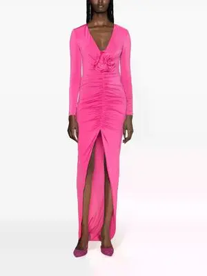 NISSA Floral Appliqué Satin Maxi Dress - Pink