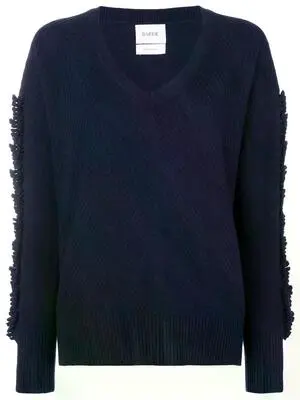 BARRIE Cashmere V-neck Pullover With Tasseled Sleeves - Blue