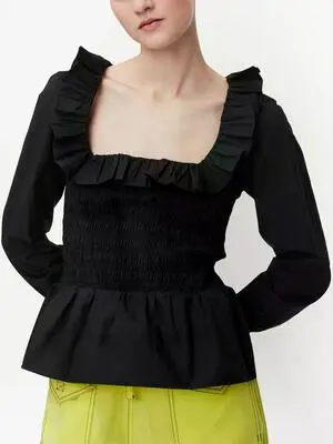 GANNI Cotton Poplin Smock Blouse With Ruffled Detailing - Black