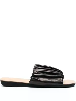 JIL SANDER Leather Gathered Detail Slides - Black