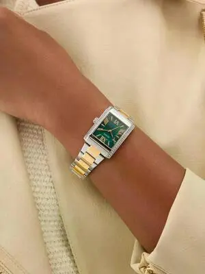 Guess Analog Stainless Steel Link Bracelet Watch With Emerald Dial And Crystal-encrusted Bezel