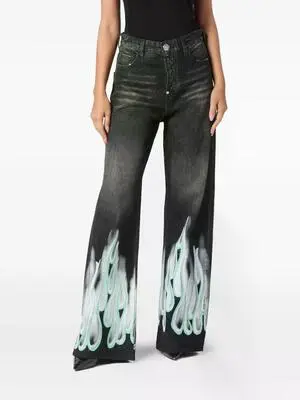 Philipp Plein Flame Print Wide Leg Jeans