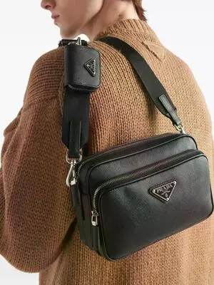 Prada Saffiano Leather Shoulder Bag With Detachable Pouch - Black