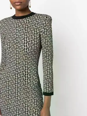 Balmain Monogram-print Wool-blend Dress