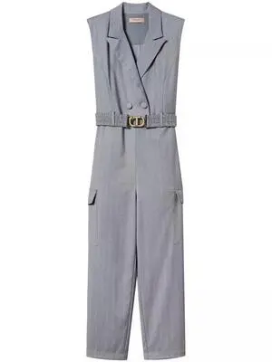 TWINSET Pinstripe Pattern Belted Jumpsuit - Grey
