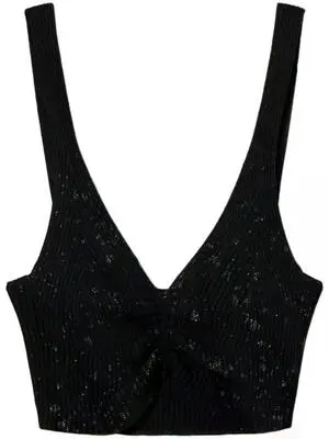 TWINSET Ribbed Knit V-neck Cropped Top With Logo Charm