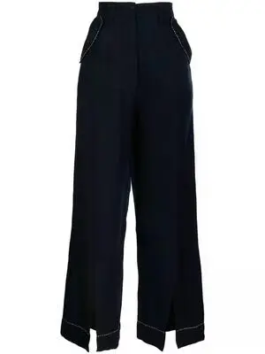 LOVEBIRDS Navy Wool Contrast Stitch Wide-leg Cropped Trousers - Blue