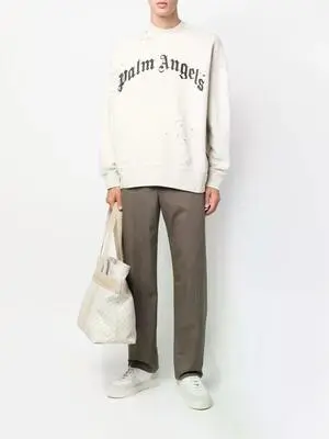 Palm Angels Logo-print Distressed-finish Sweatshirt - Neutrals