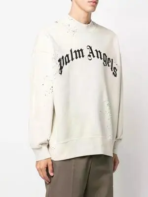 Palm Angels Logo-print Distressed-finish Sweatshirt - Neutrals