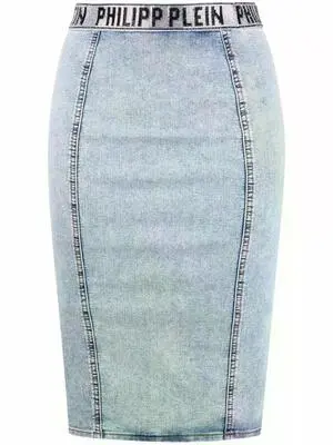 Philipp Plein Embellished Logo Waistband Denim Pencil Skirt