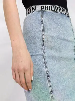 Philipp Plein Embellished Logo Waistband Denim Pencil Skirt