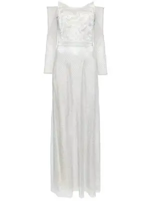 BAZZA ALZOUMAN Rhinestone-embellished Off-shoulder Gown - Silver