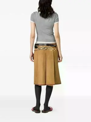 Miu Miu Pleated Suede Skirt With Leather Accents - Brown