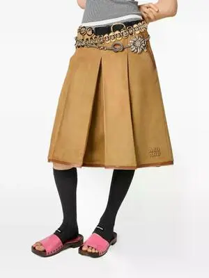 Miu Miu Pleated Suede Skirt With Leather Accents - Brown