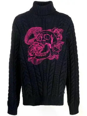 Philipp Plein Embroidered Skull Roll Neck Jumper - Blue
