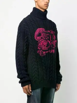 Philipp Plein Embroidered Skull Roll Neck Jumper - Blue