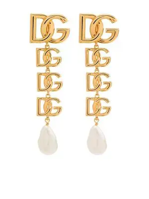 Dolce & Gabbana Dg Logo Pearl-embellished Drop Earrings - Gold