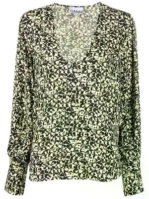 GANNI Abstract Print V-neck Blouse
