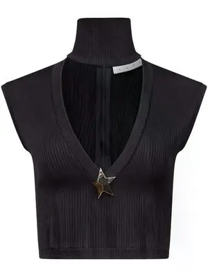 AREA Star-stud Rib-knit High Neck Crop Top - Black