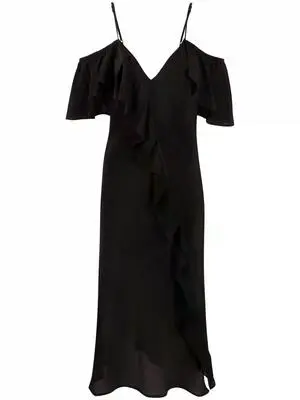 Gold Hawk Ruffled V-neck Cold-shoulder Dress - Black