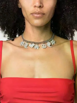 Alessandra Rich Crystal-embellished Charm Necklace - Silver