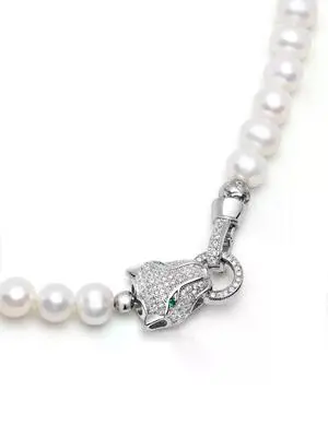 NIALAYA JEWELRY Panther Head Lock Pearl Necklace - Silver