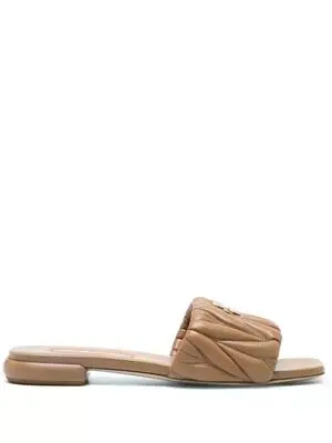Miu Miu 10mm Logo-lettering Matelassé Slides - Brown