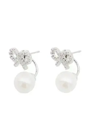 SELF-PORTRAIT Crystal Bow Drop Earrings With Faux Pearl